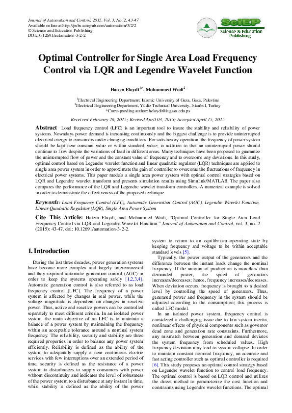 (PDF) Optimal Controller for Single Area Load Frequency Control via LQR and Legendre Wavelet ...