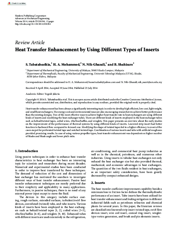 (PDF) Heat Transfer Enhancement by Using Different Types of Inserts