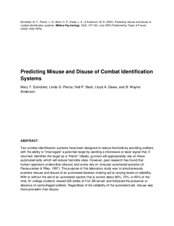 (PDF) Predicting Misuse and Disuse of Combat Identification Systems