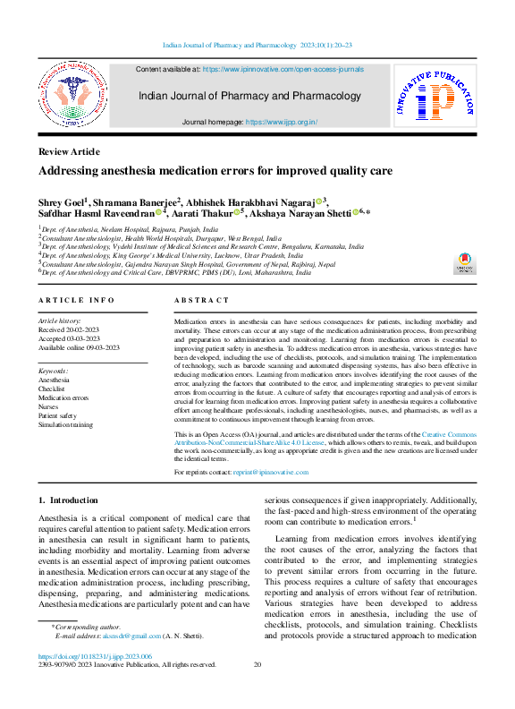 (PDF) Addressing anesthesia medication errors for improved quality care