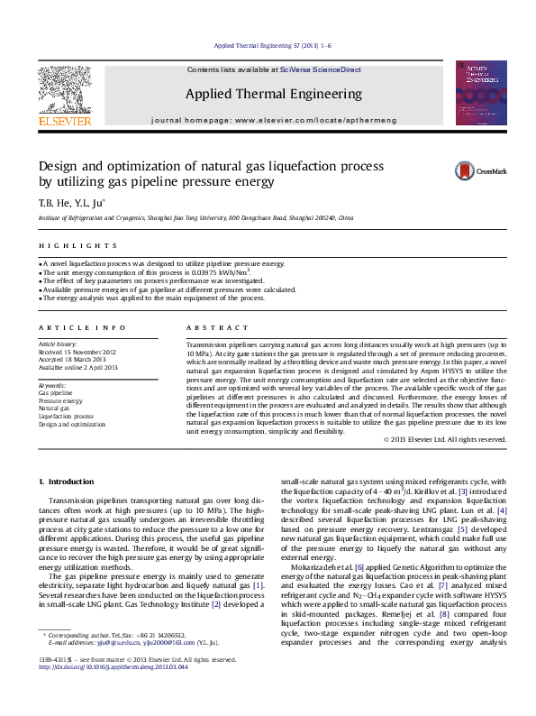 (PDF) Design and optimization of natural gas liquefaction process by utilizing gas pipeline ...