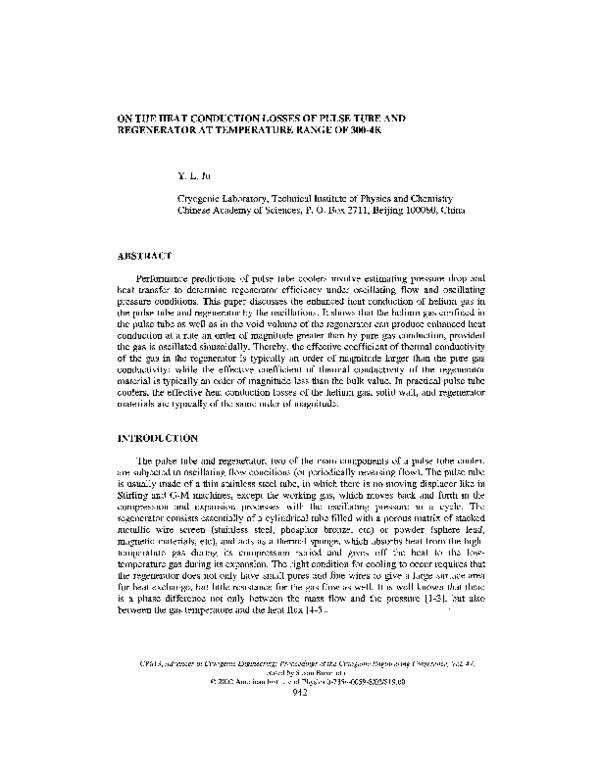 (PDF) On the heat conduction losses of pulse tube and regenerator at ...
