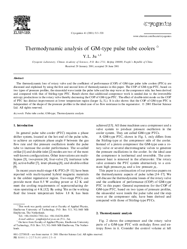 (PDF) Thermodynamic analysis of GM-type pulse tube coolers