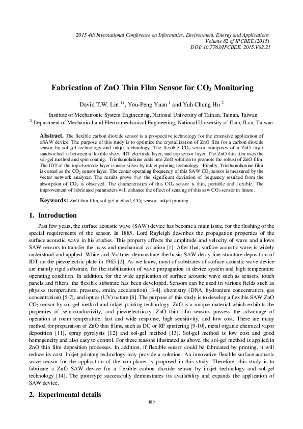 (PDF) Fabrication of ZnO Thin Film Sensor for CO 2 Monitoring
