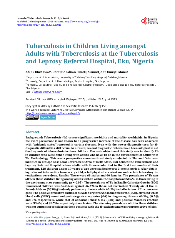 (PDF) Tuberculosis in Children Living amongst Adults with Tuberculosis ...