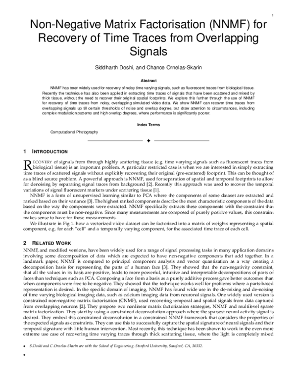 Pdf Non Negative Matrix Factorisation Nnmf For Recovery Of Time Traces From Overlapping Signals
