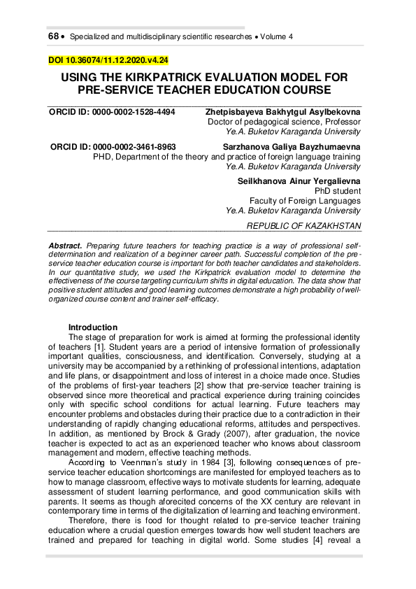 (PDF) Using the Kirkpatrick Evaluation Model for Pre-Service Teacher ...