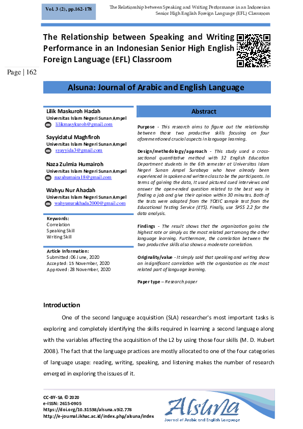 (PDF) The The Relationship between Speaking and Writing Performance in an Indonesian Senior High ...