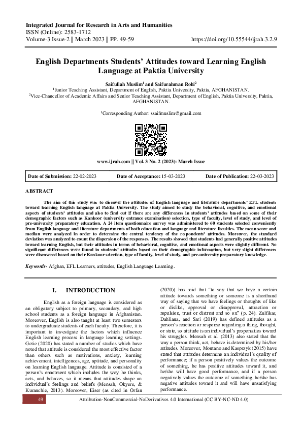 (PDF) English Departments Students’ Attitudes toward Learning English Language at Paktia University