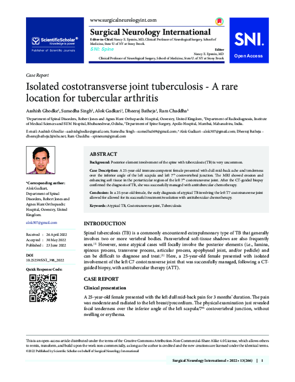 (PDF) Isolated costotransverse joint tuberculosis - A rare location for ...