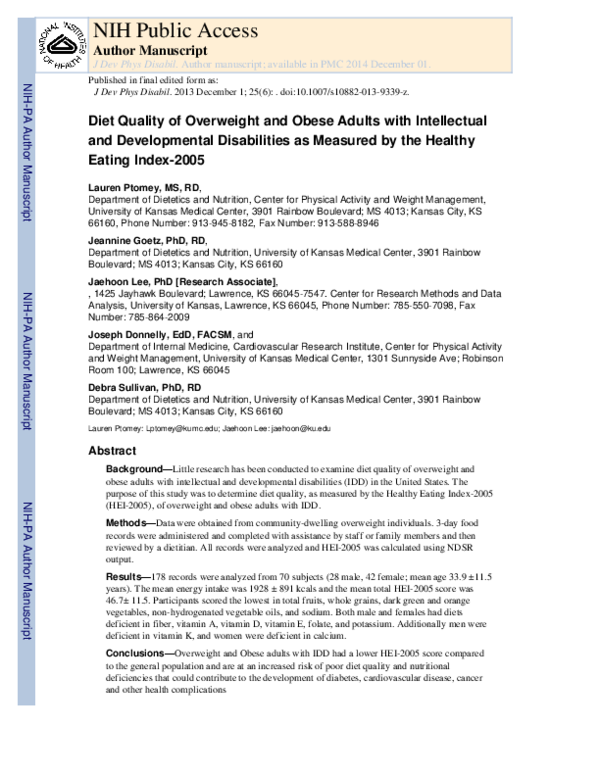 (PDF) Diet Quality of Overweight and Obese Adults with Intellectual and ...