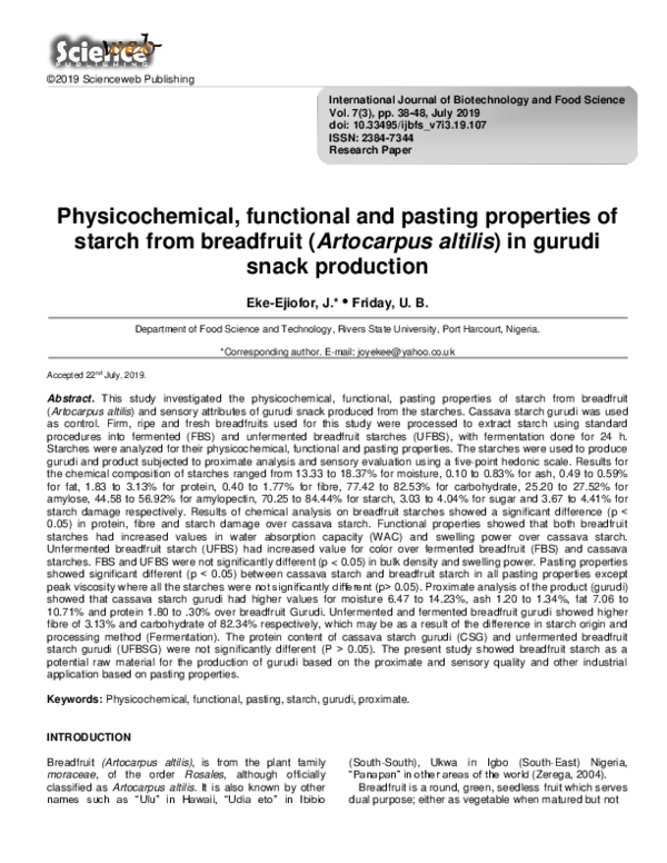 (PDF) Pasting, morphological and functional properties of breadfruit (Artocarpus altilis) starch ...