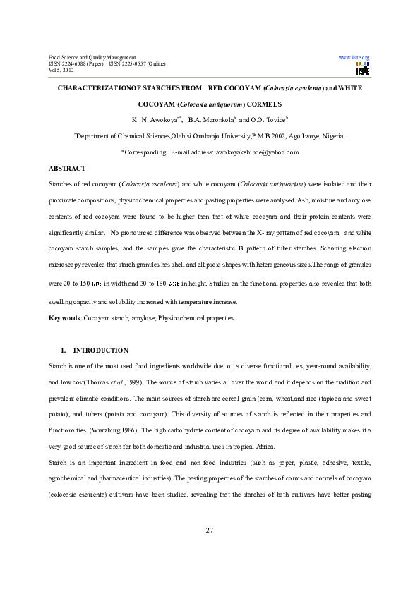 (PDF) CHARACTERIZATIONOF STARCHES FROM RED COCOYAM ( Colocasia ...