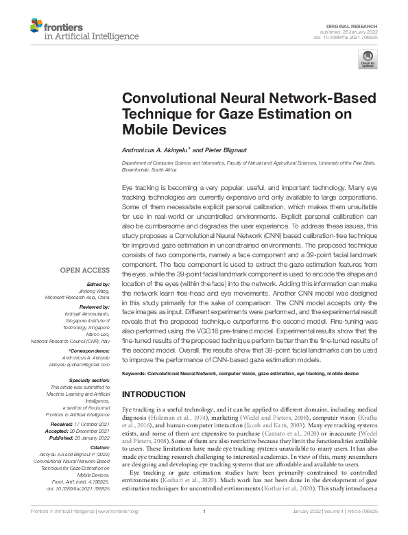 Pdf Convolutional Neural Network Based Technique For Gaze Estimation On Mobile Devices