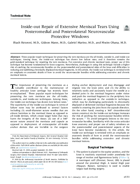 (PDF) Inside-out Repair of Extensive Meniscal Tears Using Posteromedial ...
