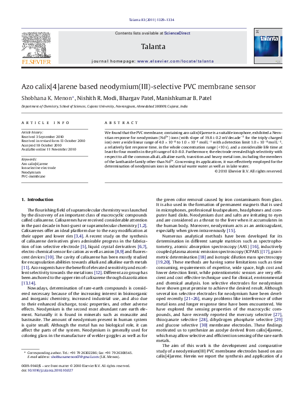 (PDF) Azo calix[4]arene based neodymium(III)-selective PVC membrane sensor