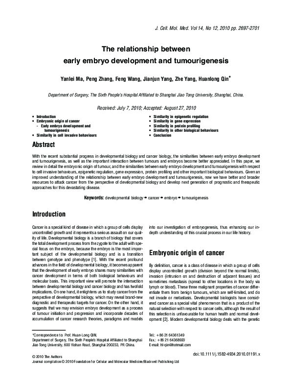 (PDF) The relationship between early embryo development and tumourigenesis