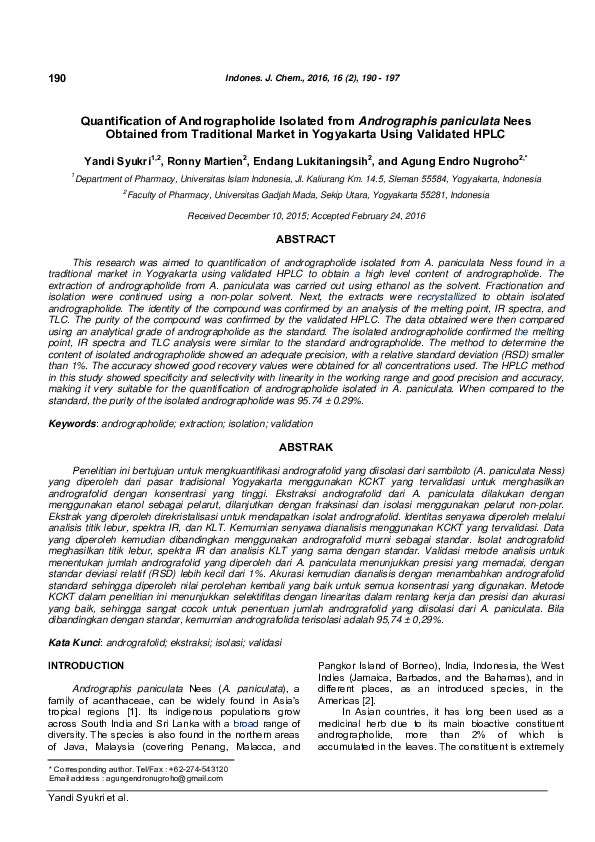 (PDF) Quantification of Andrographolide Isolated from Andrographis paniculata Nees Obtained from ...