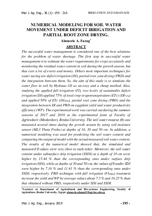 (PDF) Numerical Modeling for Soil Water Movement Under Deficit Irrigation and Partial Root Zone ...