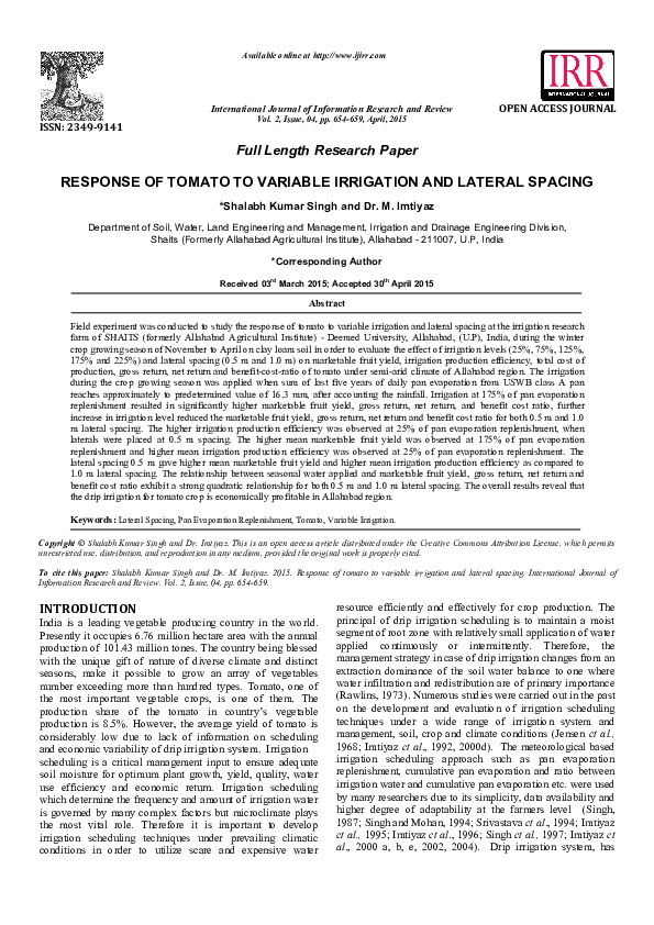 (PDF) Full Length Research Paper RESPONSE OF TOMATO TO VARIABLE ...