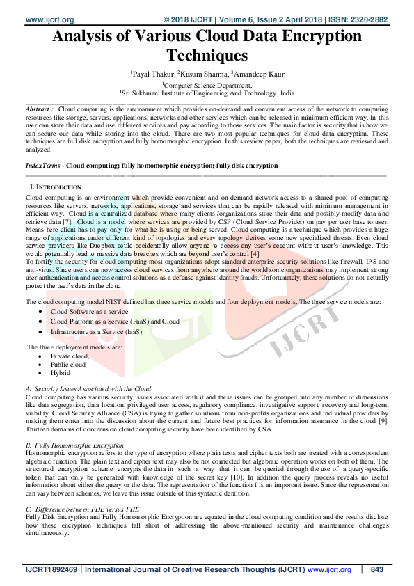 (PDF) Analysis of Various Cloud Data Encryption Techniques