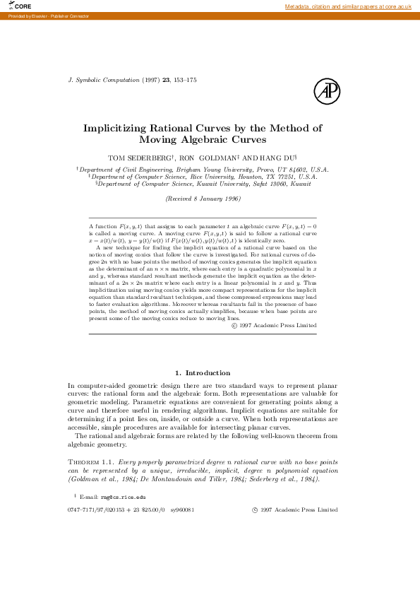 (PDF) Implicitizing Rational Curves by the Method of Moving Algebraic Curves