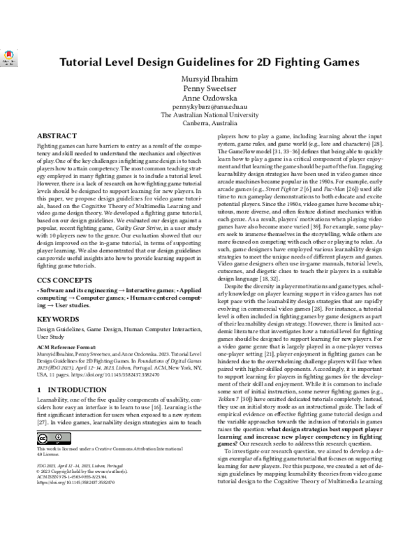 (PDF) Tutorial Level Design Guidelines for 2D Fighting Games