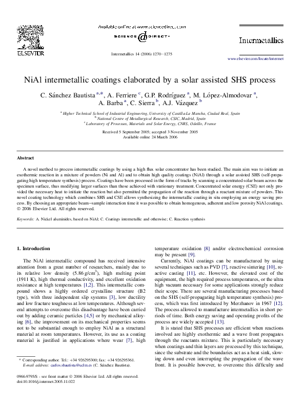 (PDF) NiAl intermetallic coatings elaborated by a solar assisted SHS ...