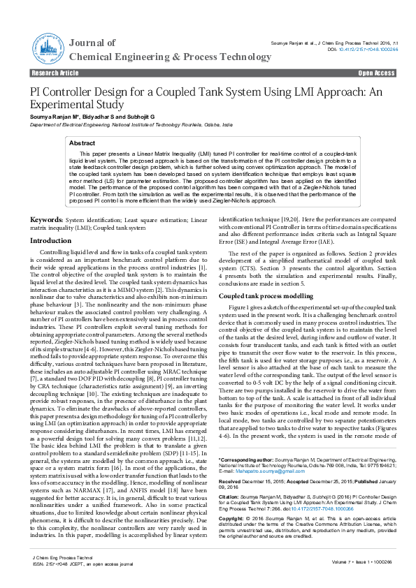 (PDF) PI Controller Design for a Coupled Tank System Using LMI Approach: An Experimental Study