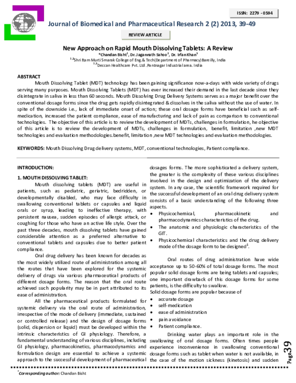 Pdf New Approach On Rapid Mouth Dissolving Tablets A Review