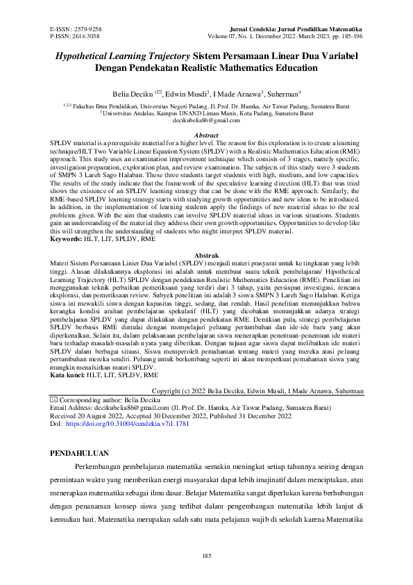 (PDF) Hypothetical Learning Trajectory Sistem Persamaan Linear Dua Variabel Dengan Pendekatan ...