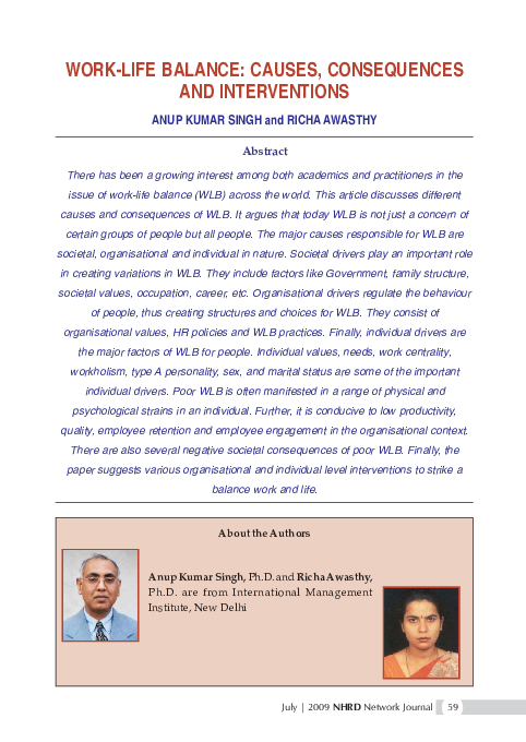 (PDF) Work-Life Balance: Causes, Consequences and Interventions