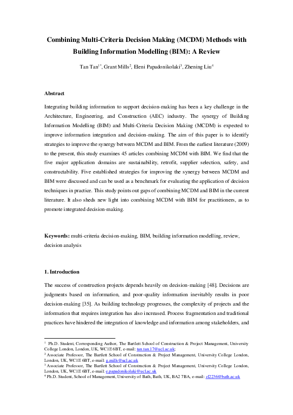 Pdf Combining Multi Criteria Decision Making Mcdm Methods With Building Information