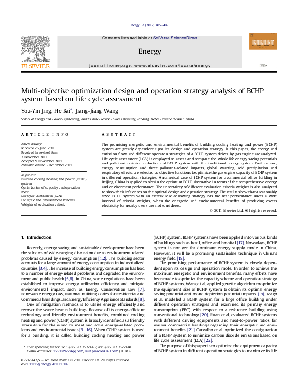 Pdf Multi Objective Optimization Design And Operation Strategy Analysis Of Bchp System Based