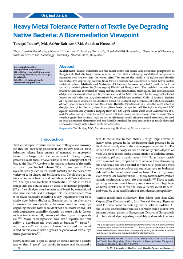 (PDF) Heavy Metal Tolerance Pattern of Textile Dye Degrading Native ...