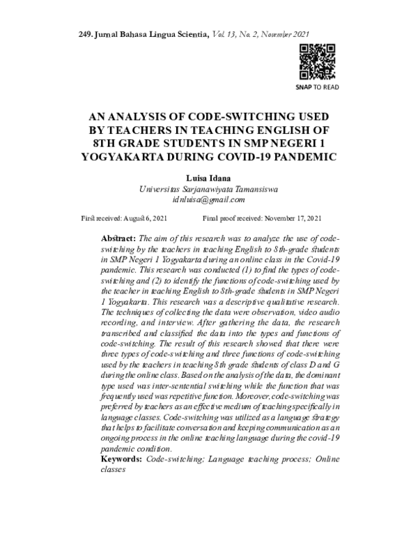 (PDF) An Analysis of Code-Switching Used by Teachers in Teaching ...