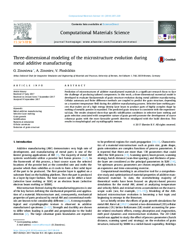 (PDF) Three-dimensional modeling of the microstructure evolution during metal additive manufacturing