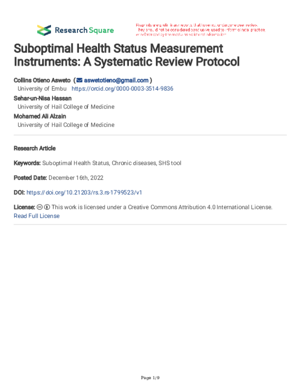 Pdf Suboptimal Health Status Measurement Instruments A Systematic