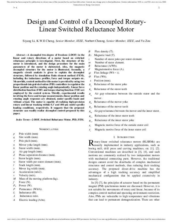 Pdf Design And Control Of A Decoupled Rotary Linear Switched