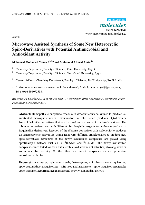 (PDF) Microwave Assisted Synthesis of Some New Heterocyclic Spiro-Derivatives with Potential ...