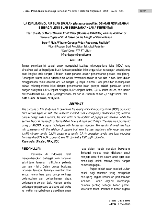 (PDF) UJI KUALITAS MOL AIR BUAH SIWALAN (Borassus flabellifer) DENGAN ...