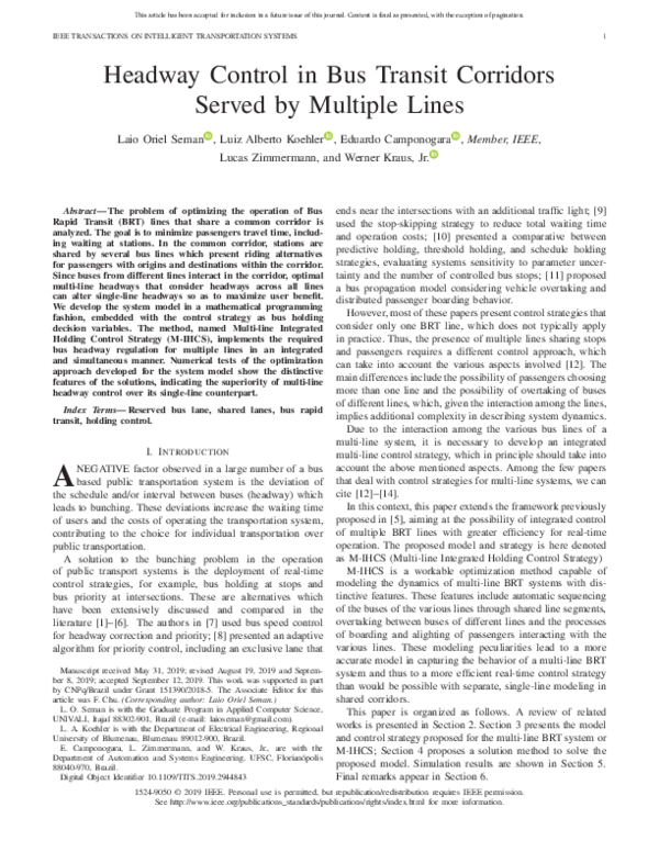 (PDF) Headway Control in Bus Transit Corridors Served by Multiple Lines
