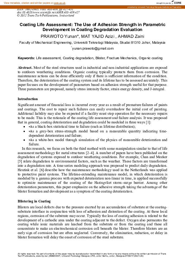 Pdf Coating Life Assessment The Use Of Adhesion Strength In