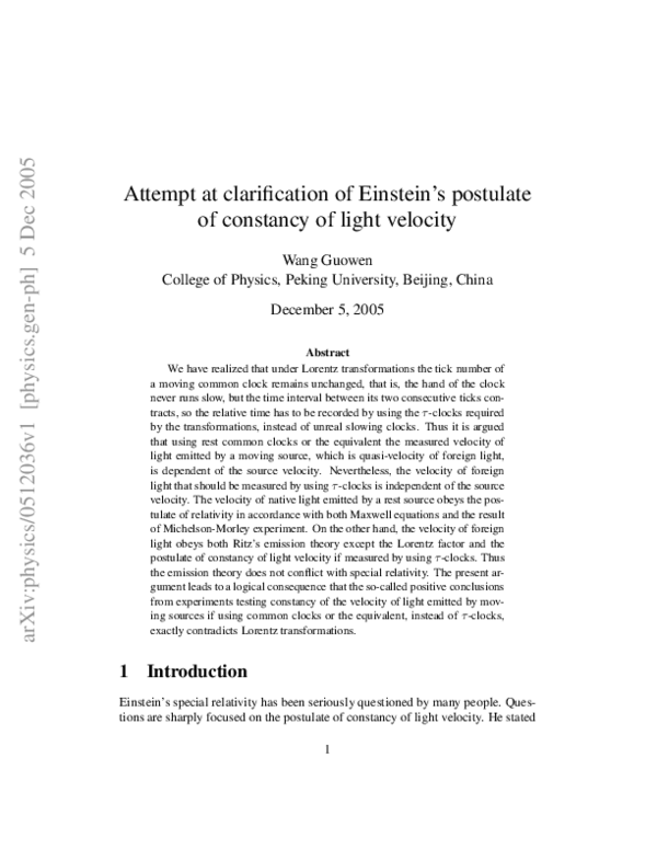 (PDF) Attempt at clarification of Einstein's postulate of constancy of light velocity
