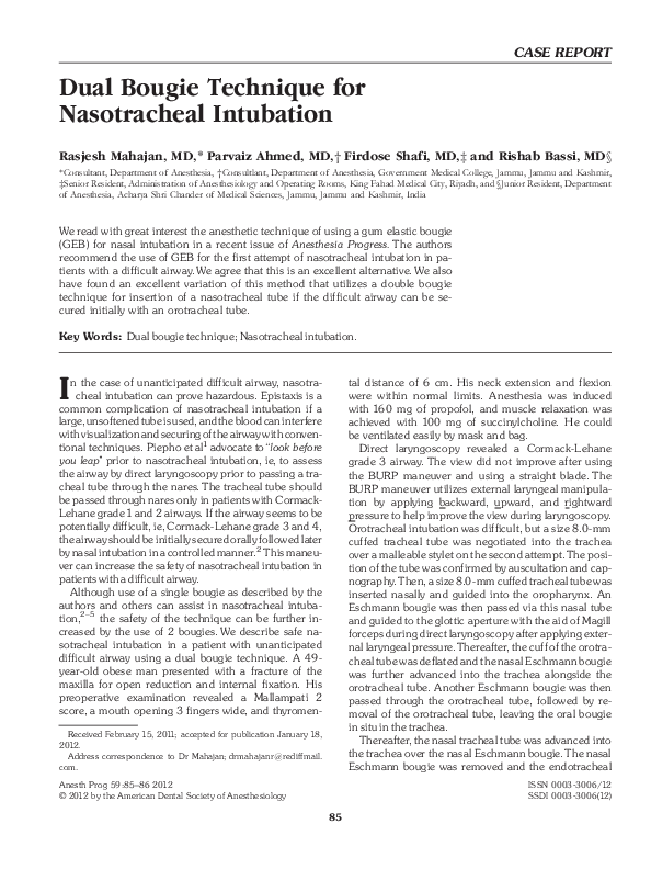 (PDF) Dual Bougie Technique for Nasotracheal Intubation
