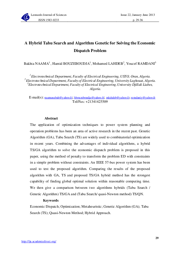 Pdf A Hybrid Tabu Search And Algorithm Genetic For Solving The Economic Dispatch Problem 7876