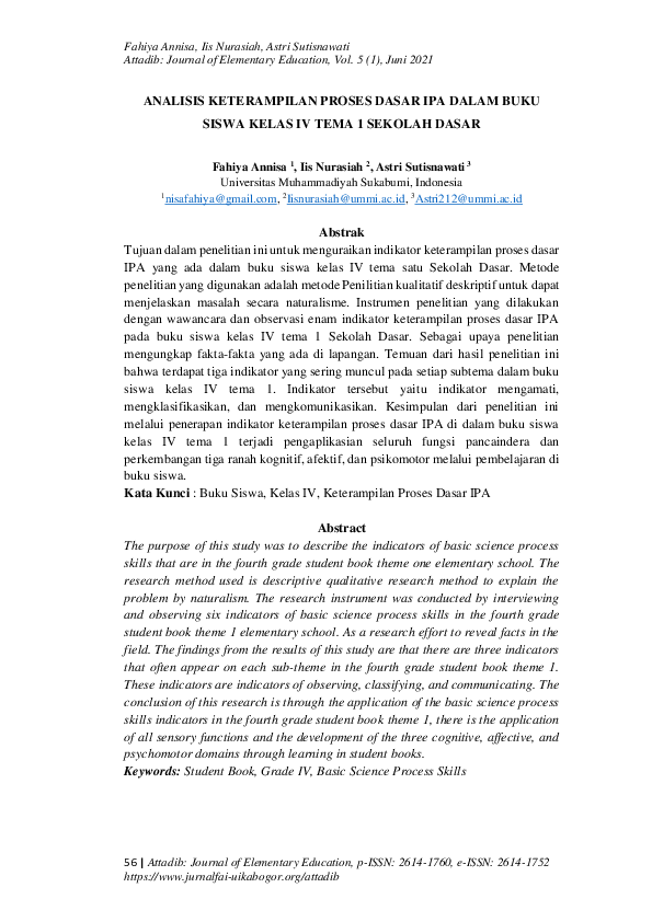 (PDF) Analisis Keterampilan Proses Dasar Ipa Dalam Buku Siswa Kelas IV Tema 1 Sekolah Dasar