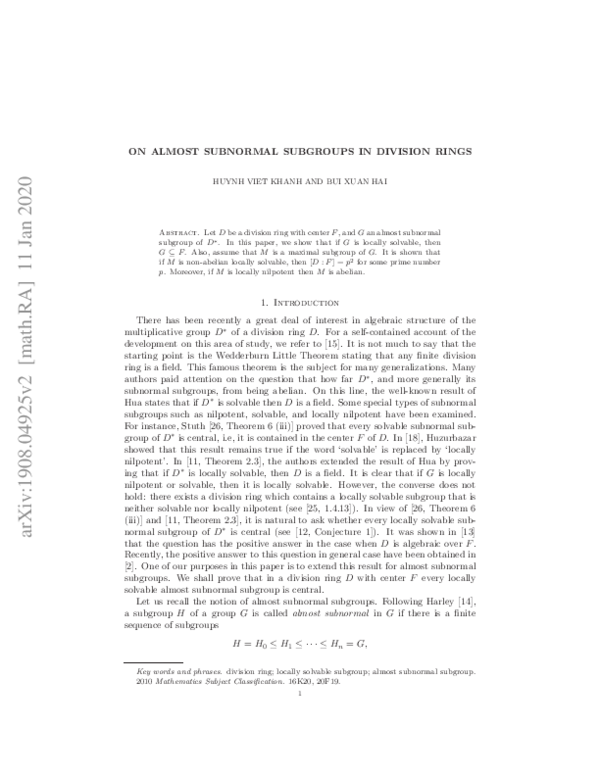 (PDF) On almost subnormal subgroups in division rings
