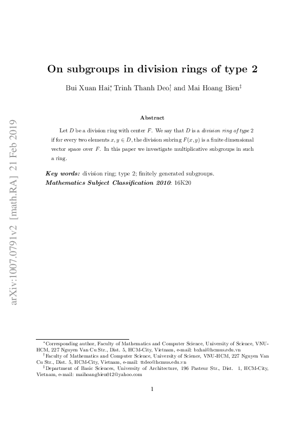 (PDF) Multiplicative Subgroups in Type 2 Division Rings