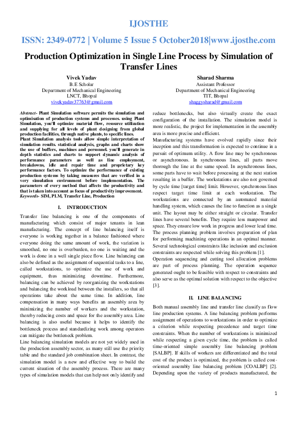 (PDF) Production Optimization in Single Line Process by Simulation of Transfer Lines | Vivek ...
